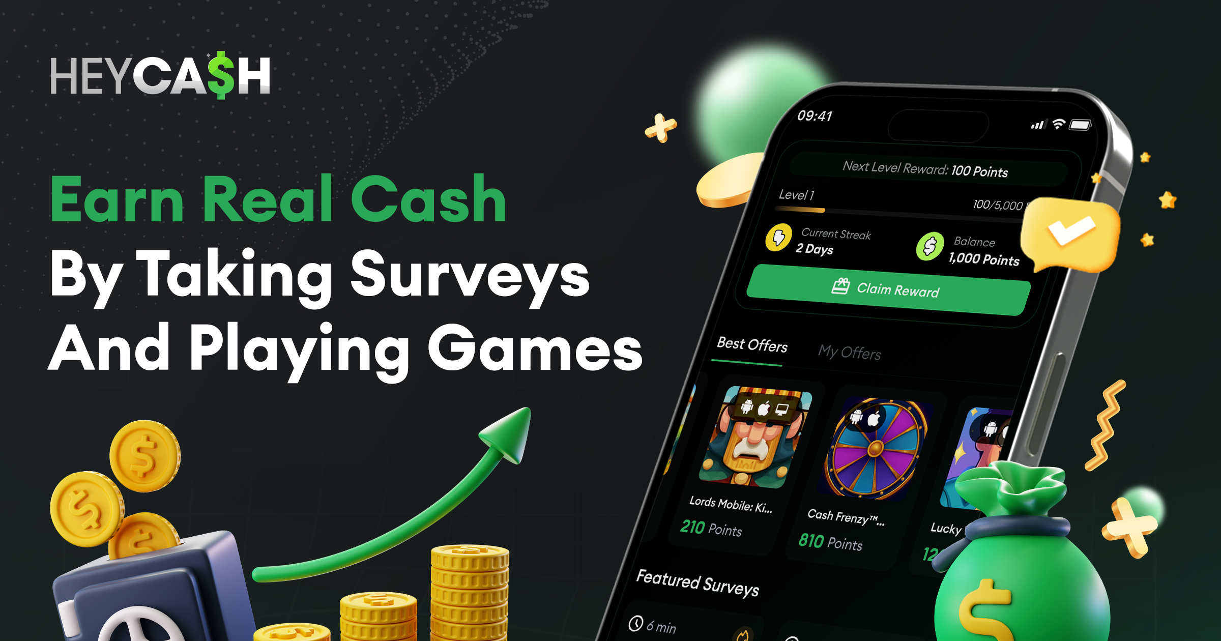 Earn money by playing games and taking surveys US | Hey Cash